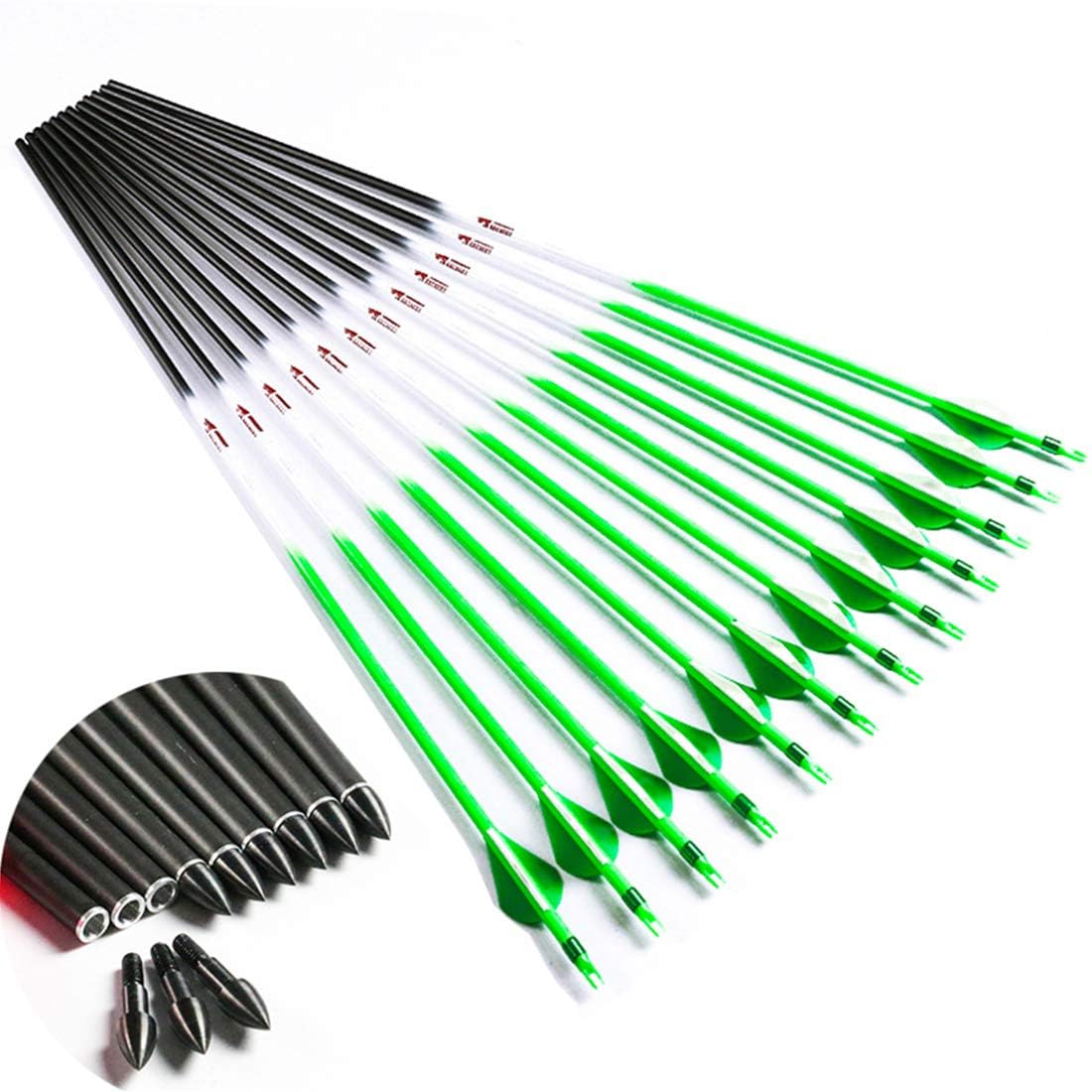 Linkboy Archery Spine 300 340 400 500 600 28inch Carbon Arrows Shaft 2" Vanes Green Recurve Compound Bow Longbow Hunting Shooting 12PCS (Spine 340 28inch)