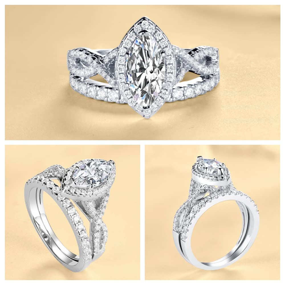 Marquise Bridal Sets Wedding Ring Set for Women Platinum Plated Silver, 1 Carat Center Moissanite Engagement Ring Set White Gold Vintage Anniversary Promise Rings for Her with Text Engraving(size 7