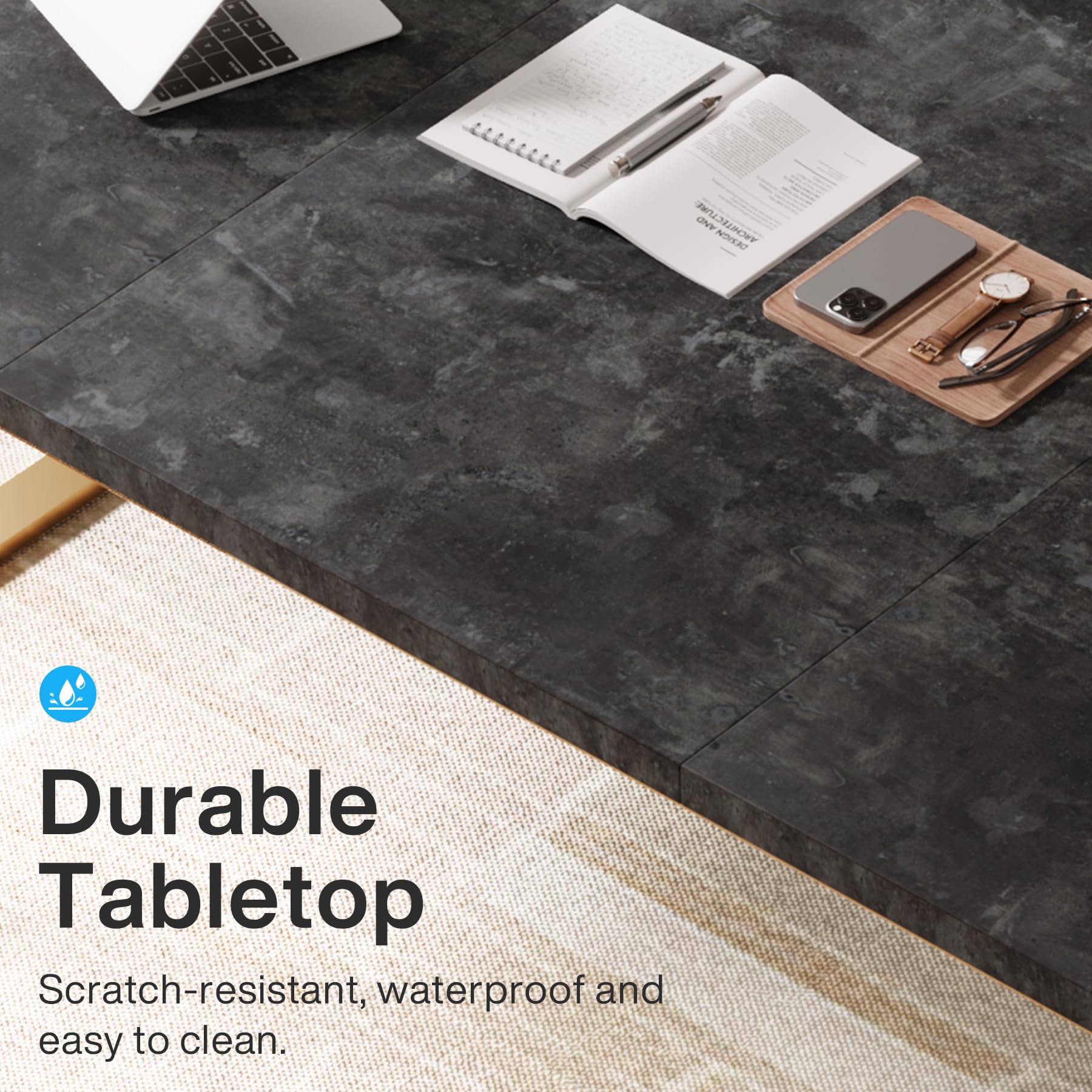 Tribesigns Modern Black Office Desk: 70.87 Inches Computer Executive Desk with Gold Metal Legs, Faux Marble Large Study Writing Table, Simple Desk for Home Office