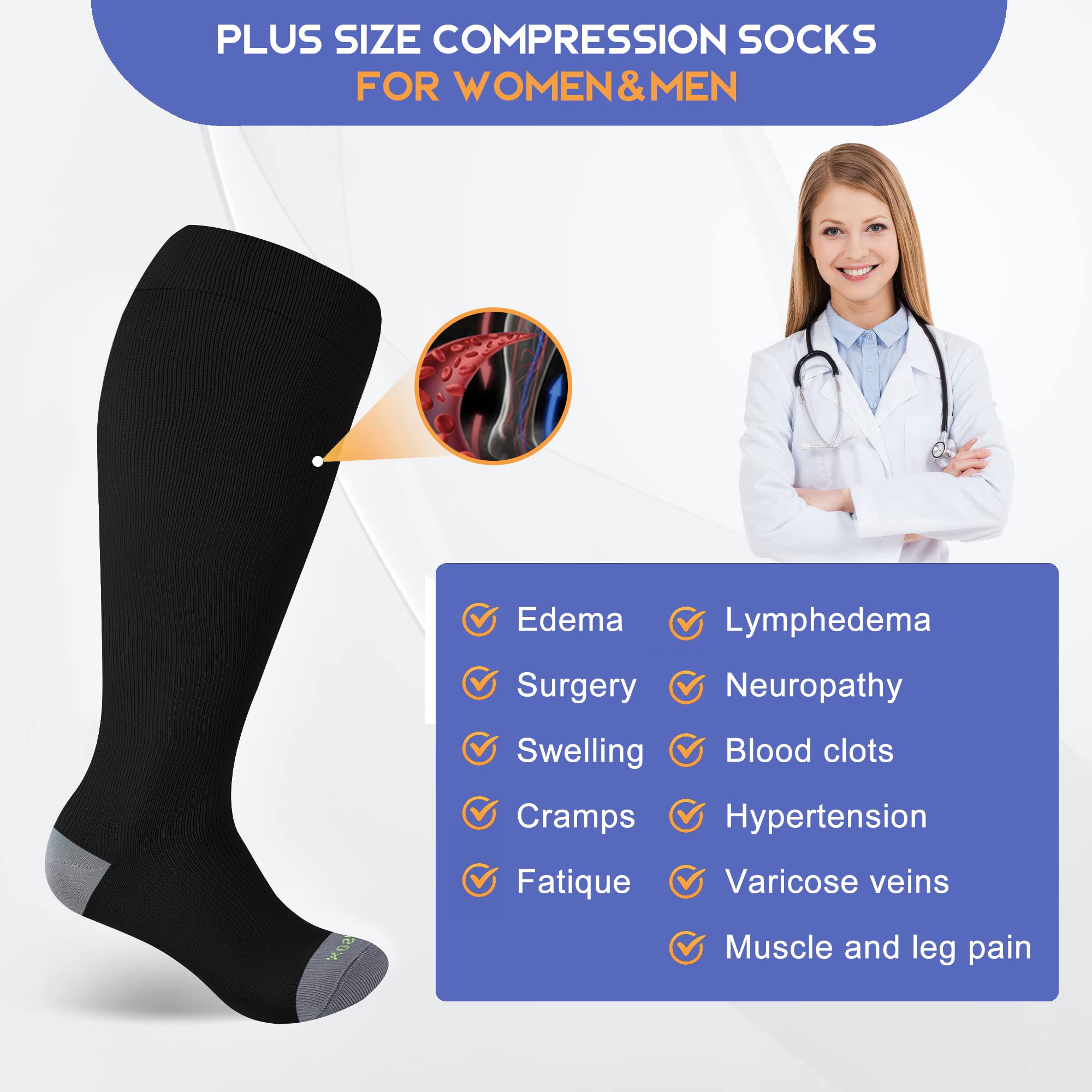 LEVSOX Plus Size Compression Socks for Women & Men Wide Calf Socks Knee High Graduated Compression Socks Circulation 15-20 mmHg