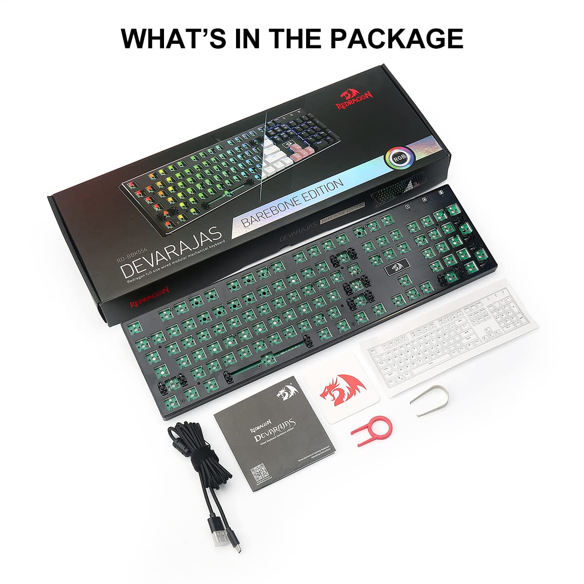 Redragon BBK556 Custom Gaming Mechanical Keyboard Kit โ 100% 104 Keys DIY RGB Fully Modular Keyboard - USB Wired Barebones Full Size Keyboard HOT SWAPPABLE 3pin/5pin Switch, Black