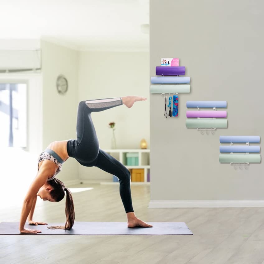 JIAMI HOME Yoga Mat Rack Wall Mount Foam Roller Storage Gym Organizer Yoga Mats Holder Yoga Mat Organizers and Storage Metal Grid Hooks Adjustable
