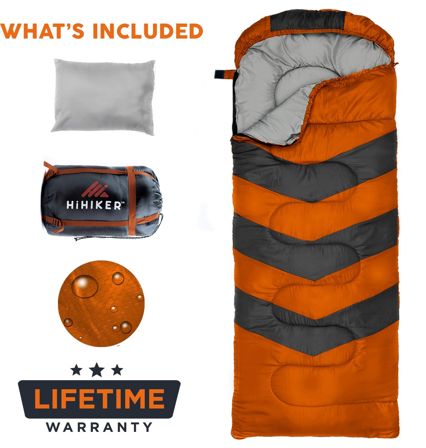 HiHiker Camping Sleeping Bag + Travel Pillow w/Compact Compression Sack – 4 Season Sleeping Bag for Adults & Kids – Lightweight Warm and Washable, for Hiking Traveling. (Orange)