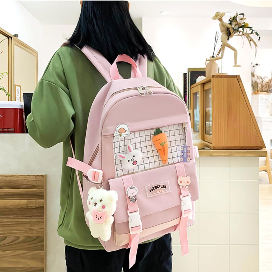 josfey 4Pcs Kawaii Backpack Cute Backpack Aesthetic Backpack Preppy Backpack SetKawaii School Supplies with Accessories (Pink)…