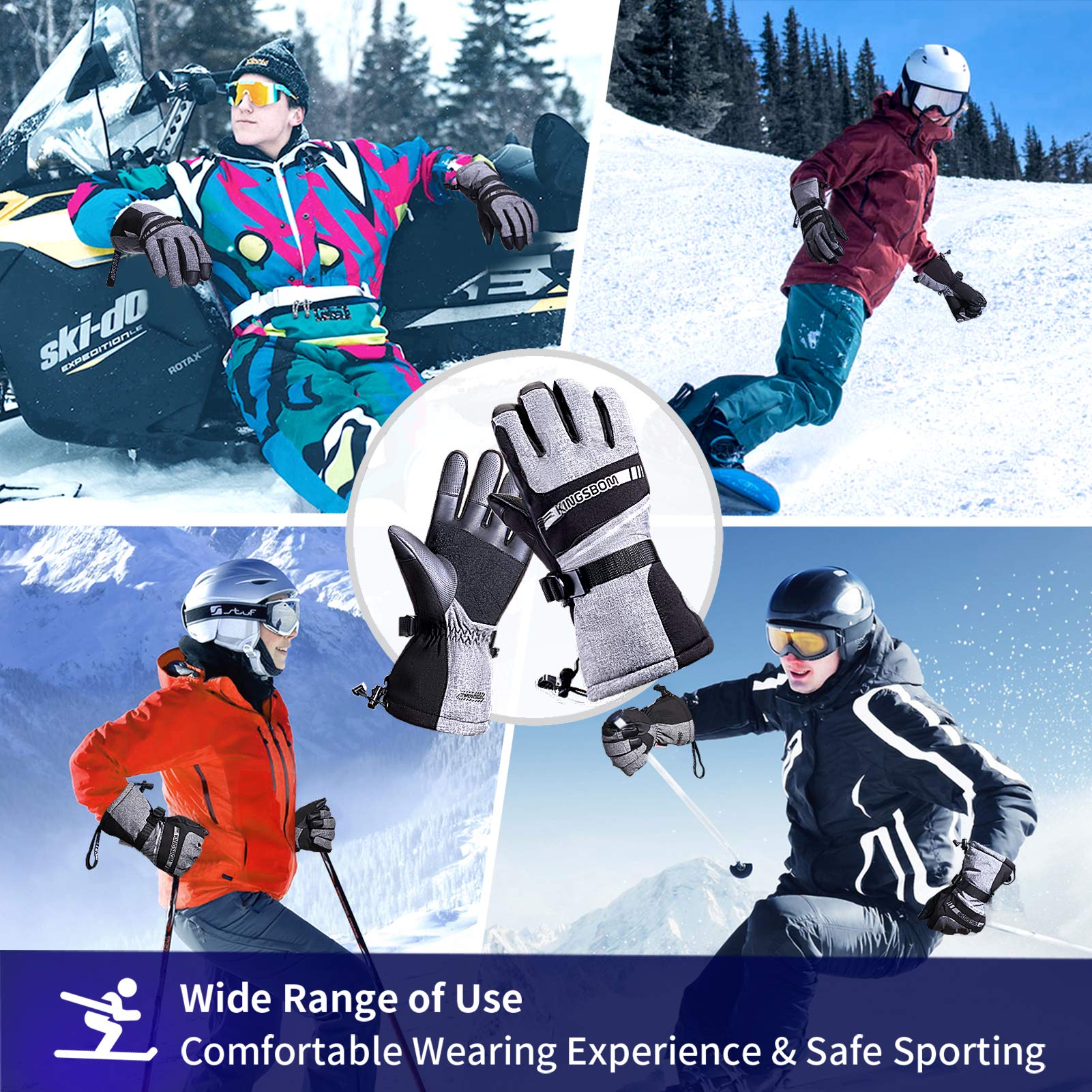 KINGSBOM Waterproof Ski & Snow Gloves, 3M Thinsulate Winter Warm Touch Screen Snowboard Gloves for Men & Women (XX-Large)