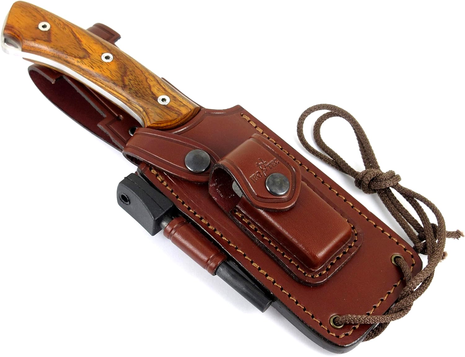 JEO-TEC Nº35 Bushcraft Survival Hunting Camping Fixed Blade Knife, MOVA-58, 10'' Overall, Genuine Leather Multi-Position Sheath + Firesteel + Sharpener Stone, Handmade