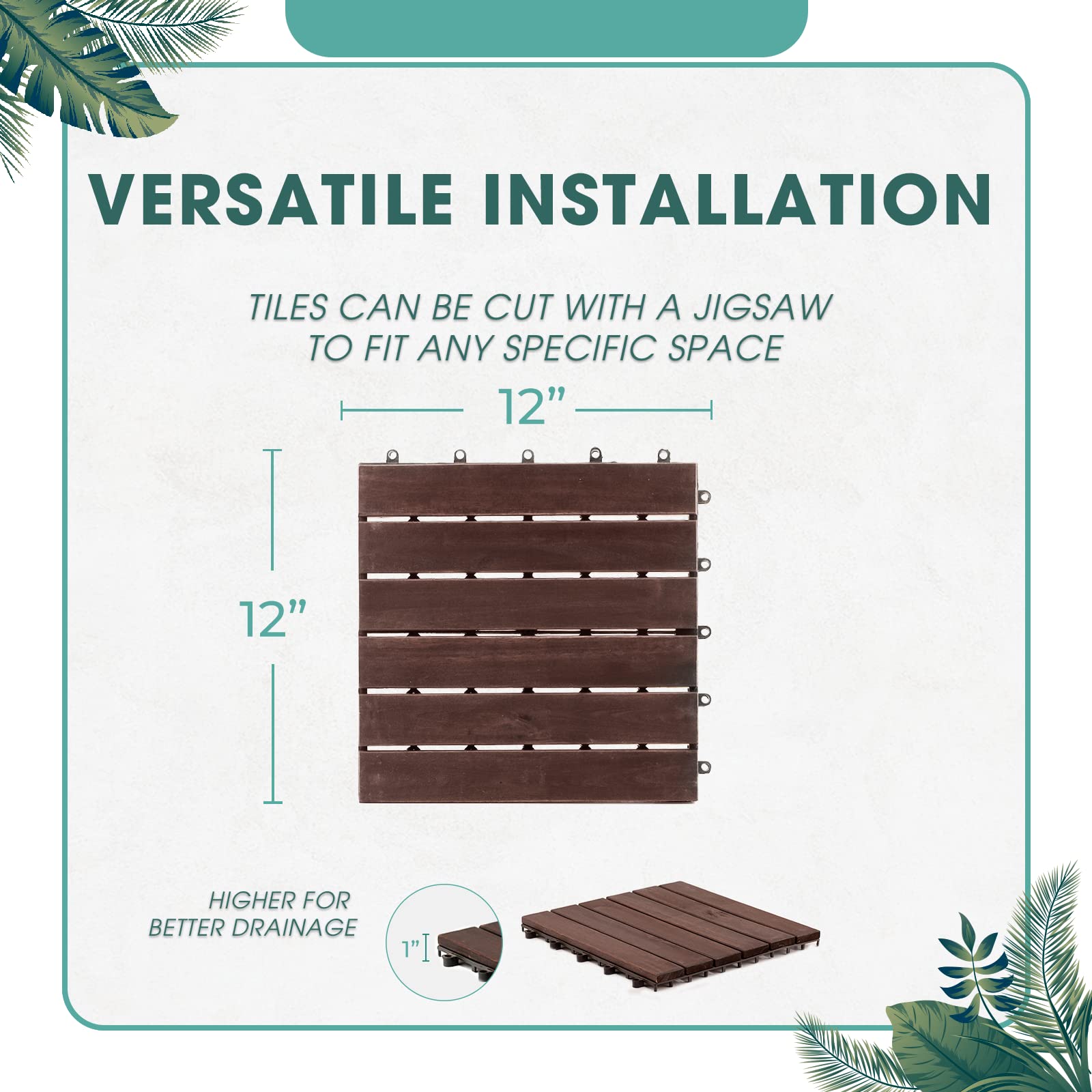 Idzo Interlocking Deck Tiles - 10PCS Waterproof Acacia Wood Patio Tiles, Flooring Tiles for Both Indoor and Outdoor - Decking Stripe Pattern, Dark Brown, 12 x 12 x 0.9 inches