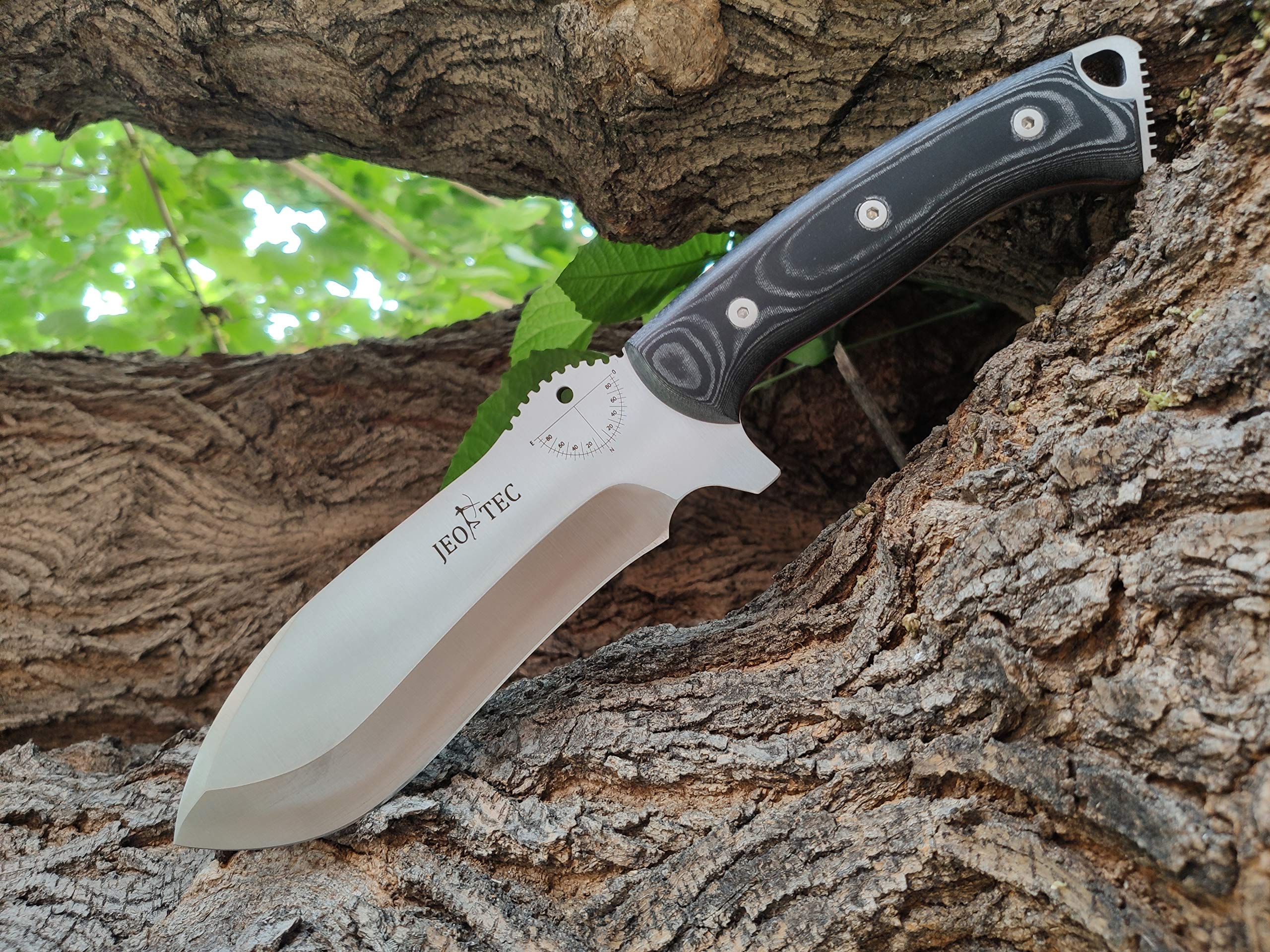 JEO-TEC Nº55 Full Tang Bushcraft Survival Hunting Camping Fishing Knife, Fixed Blade 6.7" MOVA-58 Scandi, Genuine Leather Multi-Position Sheath + Firesteel + Sharpener Stone, Handmade