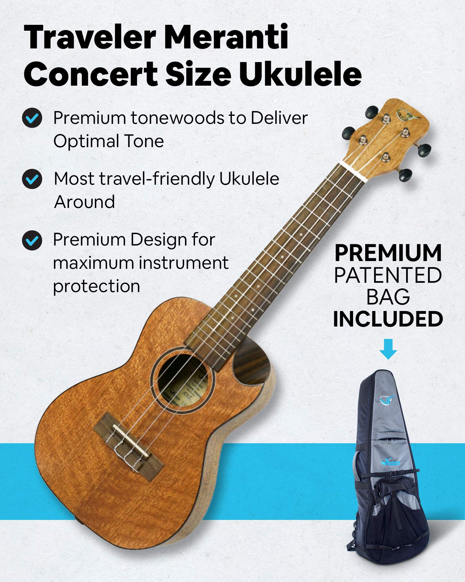 Journey Instruments Meranti Concert Travel Ukulele – UC770CE Traveling Concert-Size Ukulele – Top Best Road Trip Ukulele Musical Instruments – Travel Ukulele Case