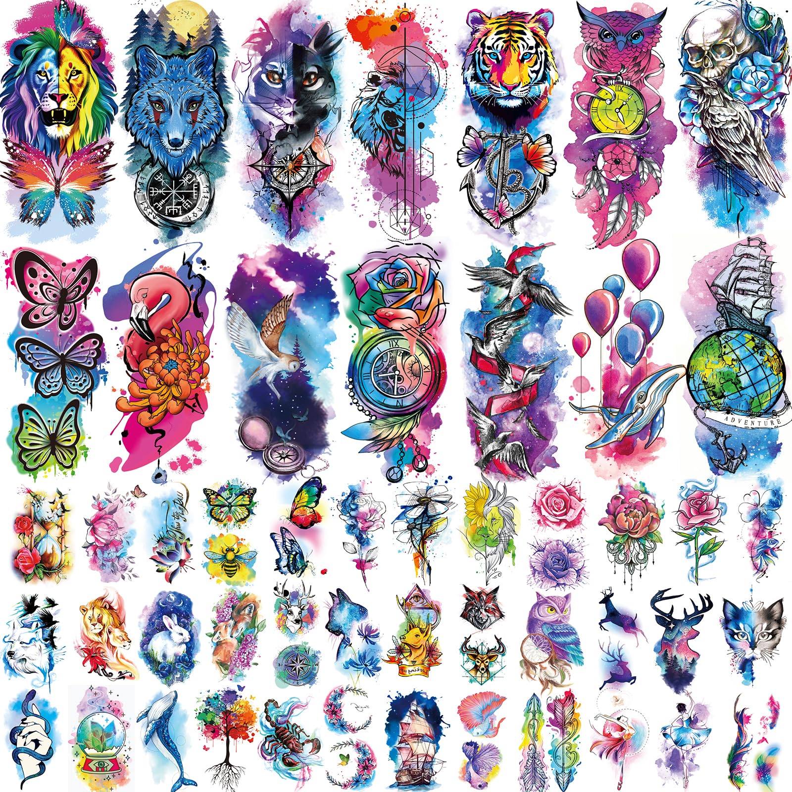 JEEFONNA 86 Sheets Temporary Tattoo, 14 Sheets Large Half Arm Fake Tattoos, Flower Cat Owl Lion Temporary Tattoos for Women Men, 72 Sheets Tiny Waterproof Semi Permanent Temporary Tattoos Realistic for Women Girls Kids Adults