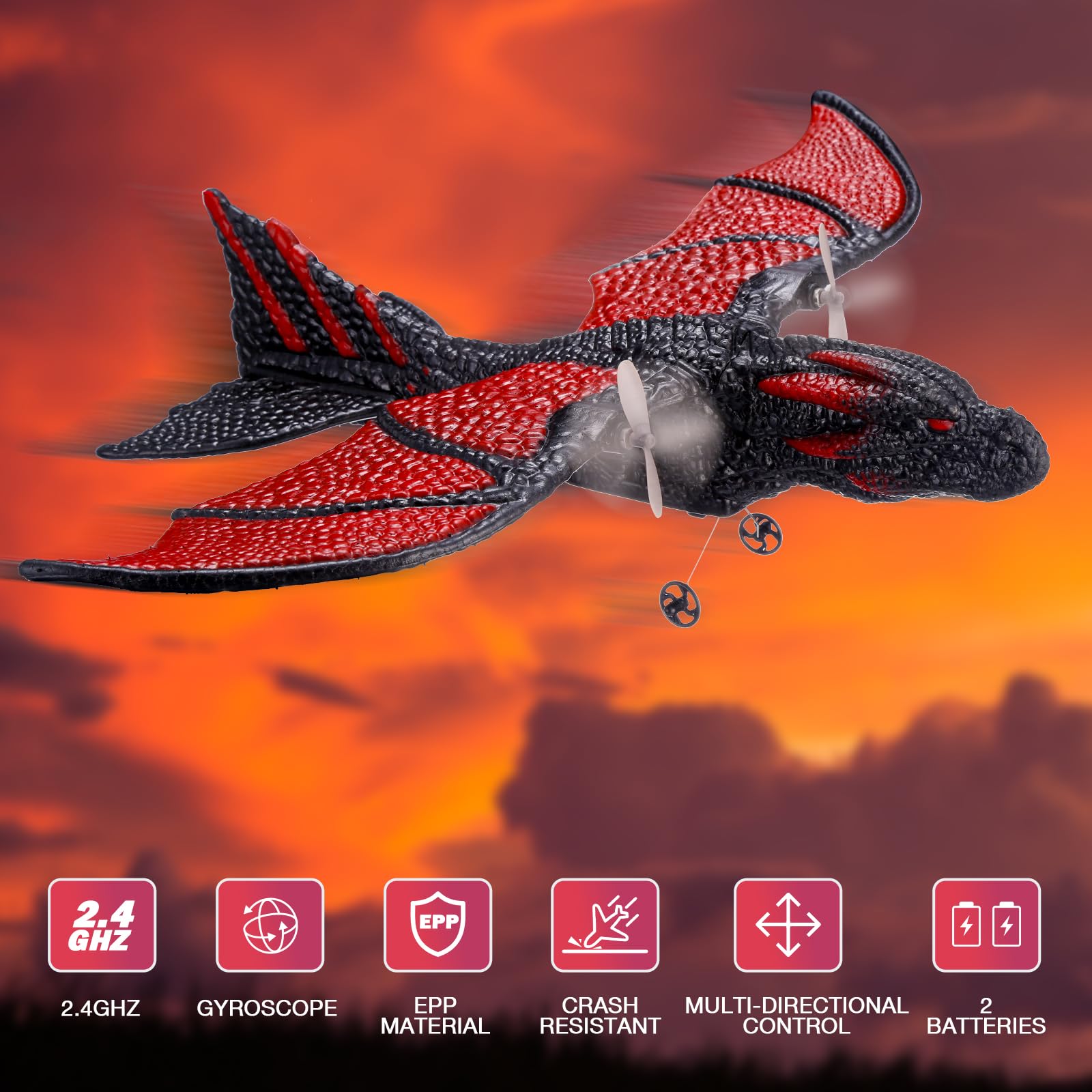 isYoung RC Plane, 2 Channel Remote Control Plane, 2.4GHz RC Airplane for Adult and Kids, Dragon Plane with 2 Batteries