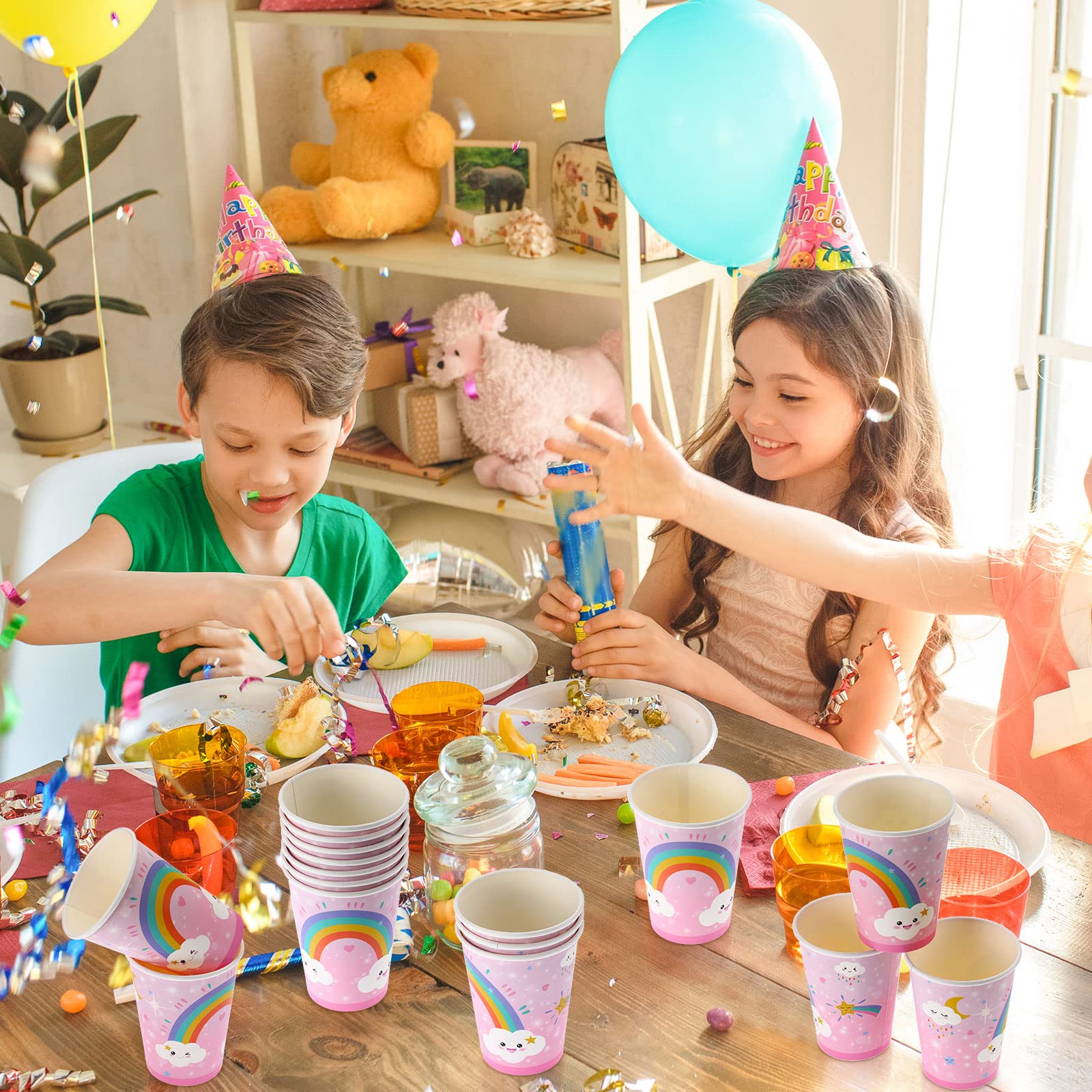 Junkin 60 Pcs 12 oz Rainbow Paper Cups Disposable Rainbow Cups Rainbow Party Decorations Birthday Theme Party Decor for Baby Shower Party Supplies Tableware