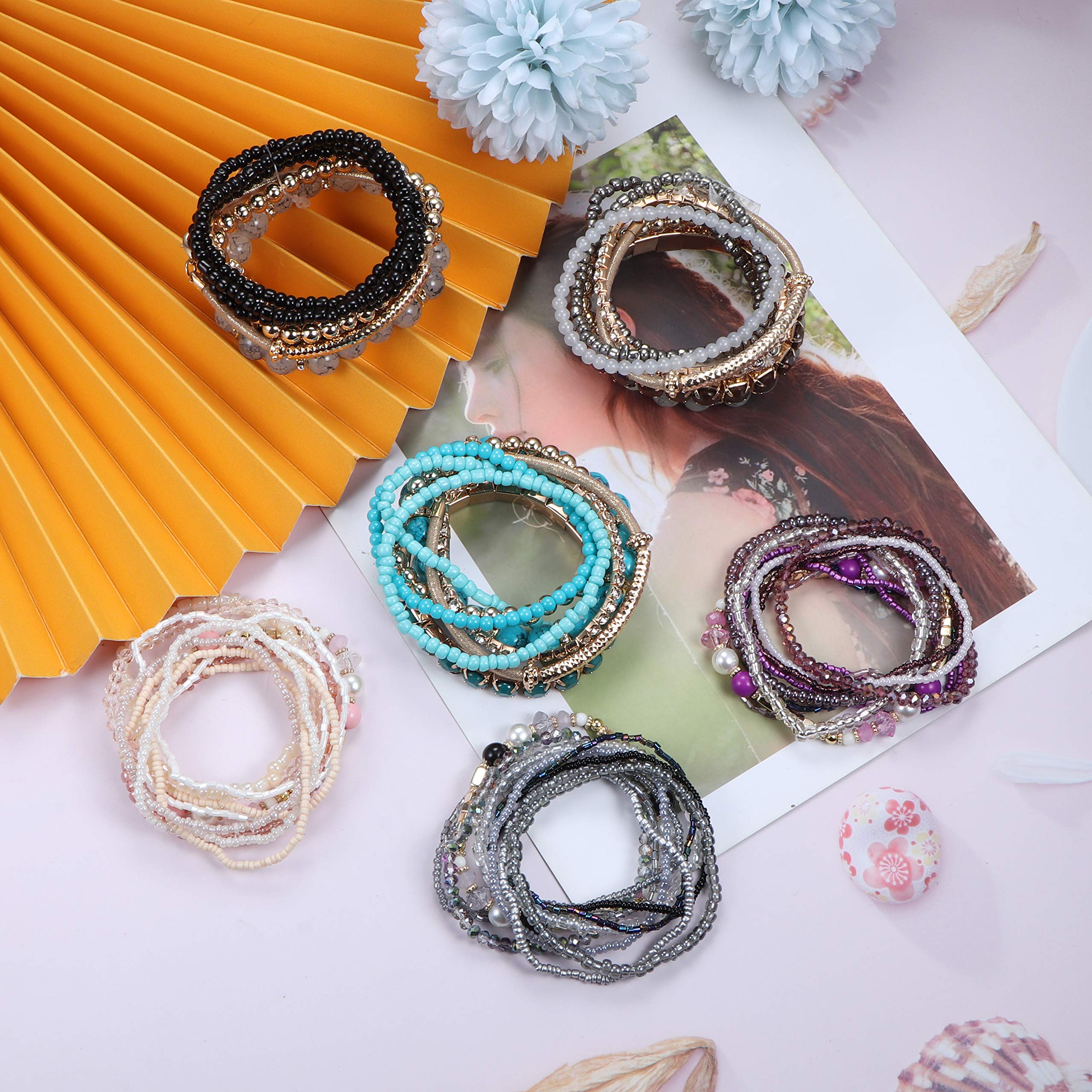 Magitaco 6 Sets Bohemian Stackable Bead Bracelets for Women Multilayered Stretch Bracelet Set Multicolor Fashion Jewelry Style C