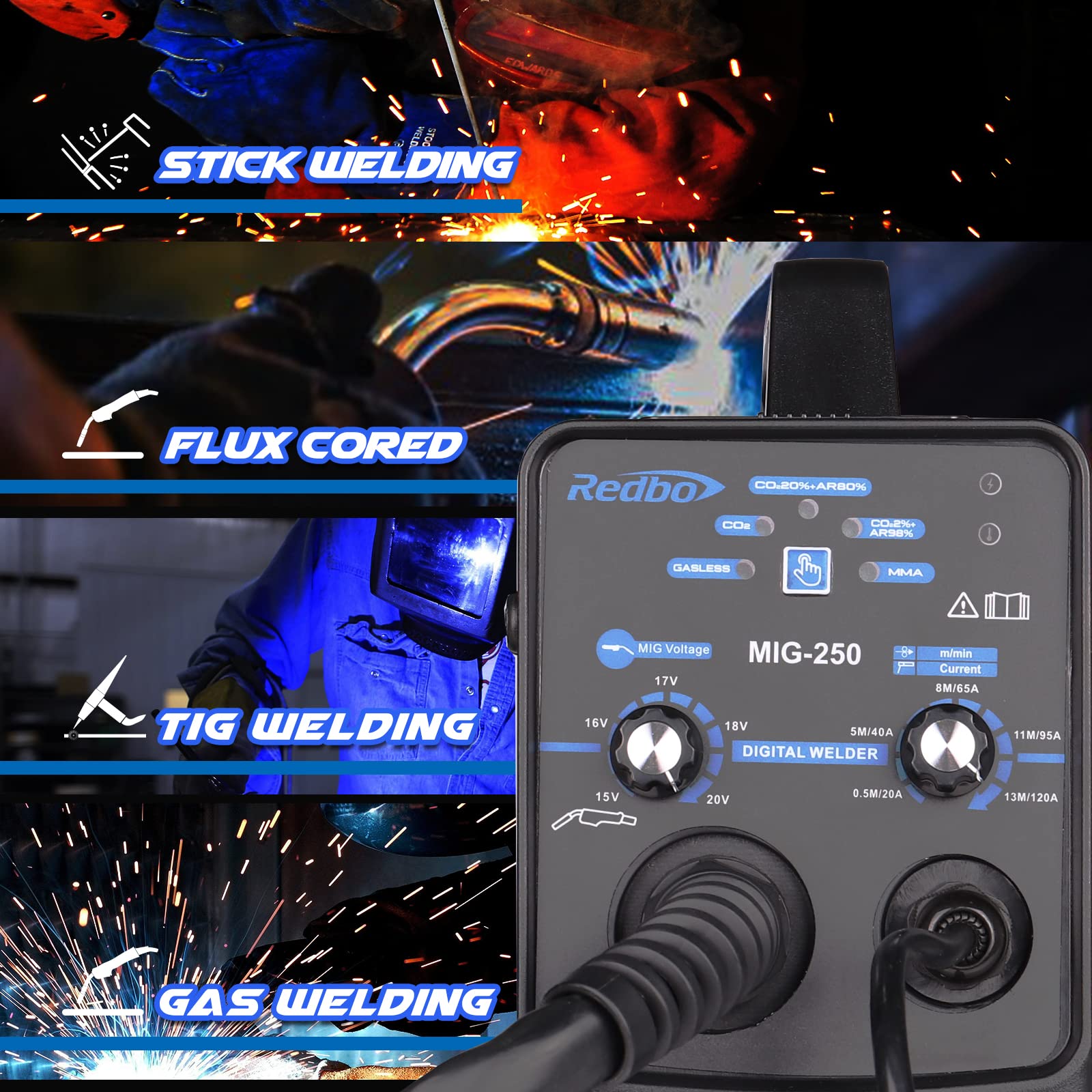 Redbo MIG-250 Gas/Gasless/Lift TIG/ARC 4 in 1 Multiprocess 130Amp Mig Welder,110V Household Small Pure Copper ARC MMA Stick Welder,Automatic Wire Feeding MIG Welding Machine