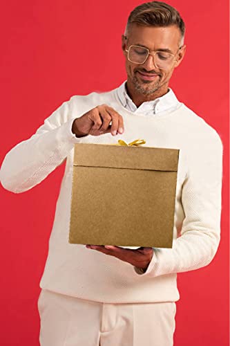 Square Gift Boxes with Lids Set of 4, Brown Kraft Gift Box with Ribbon, (8.7 Inch Medium), Presents Packing, Birthday, Wedding Party Favor Boxes.