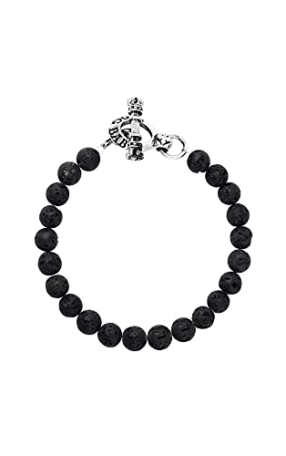 King Baby .925 Sterling Silver & Natural Stone 8mm Unisex Beaded Bracelet with Signature Crown Toggle Clasp - Black Lava Rock, 7-1/2"