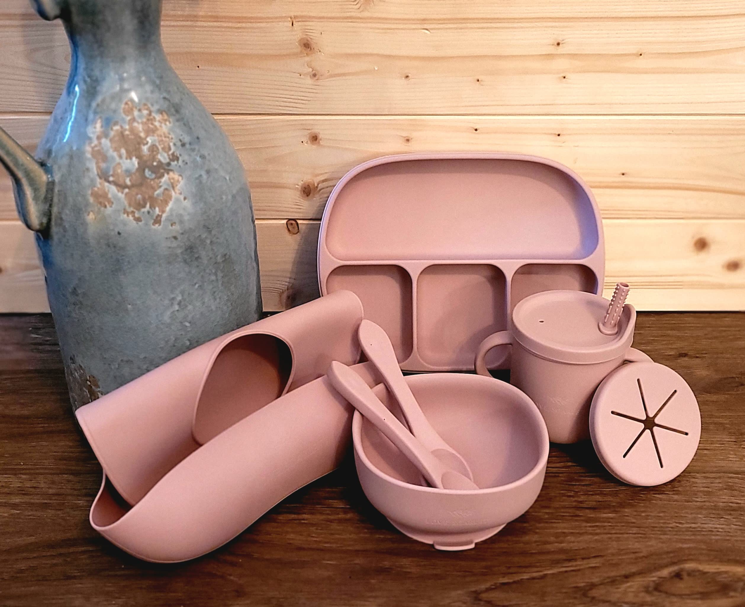 Silicone Baby Feeding Set 8 Piece With Adjustable Bible, Suction Bowl, Suction Divided Plate, Straw Cup, Snack Cup, Spoon & Fork Utensil Set BPA Free