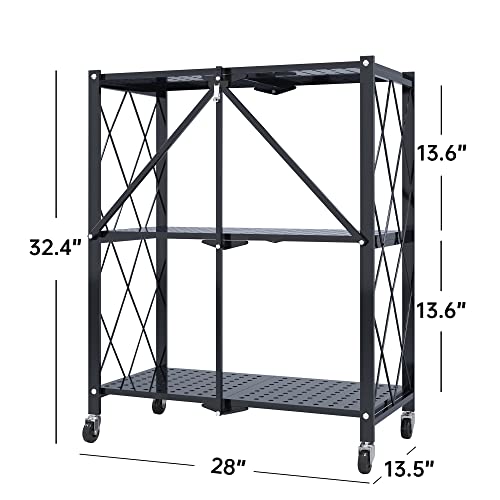Wellynap 3-Tier Foldable Standing Shelf, Metal Rack Storage Shelving Units with Rolling Wheels, Moving Easily Organizer Shelves Great for Garage Kitchen, Black