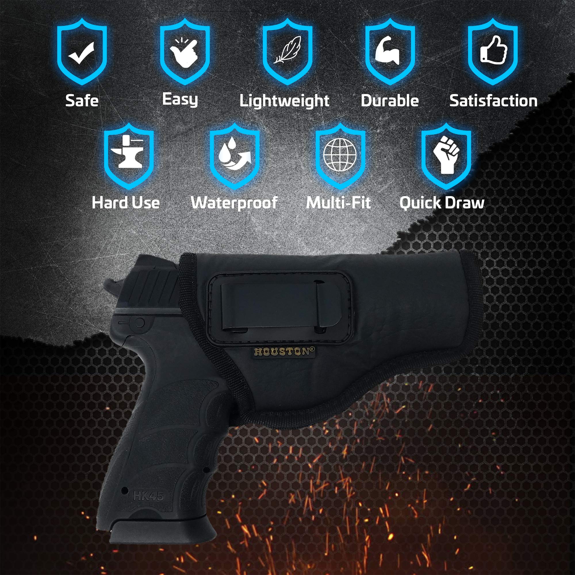 IWB Gun Holster by Houston - ECO Leather Concealed Carry Soft Material - FITS Glock 17/21, H &K,Beretta 92 FS,XDM,Ruger 45 BERSA PRO,PX4,FNX 45,FNH 45,HI Point 9/40/45 MM (Right) (CHP-57B-RH)