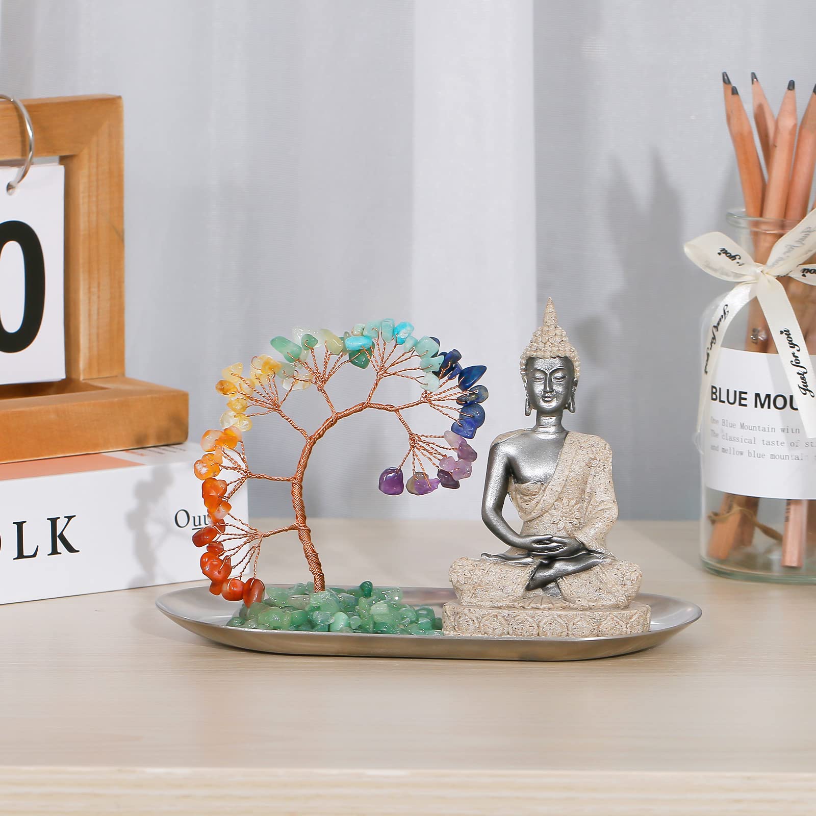 INNOLITES 7 Chakra Crystal Tree and Buddha Statue set, Yoga Meditation Decor, Money Tree and Buda Statues for Home Living Room Office Shelf Decoration Wealth and Luck(Silver)