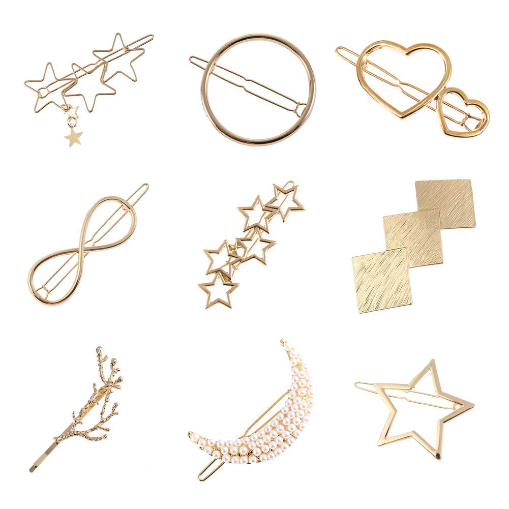Lawie 9 Pack Vintage Circle Moon Star Branch Pearl Metal Gold Hair Clips Hairpins Snap Barrettes Decorative Hair Styling Ornament Accessories for Women Girls