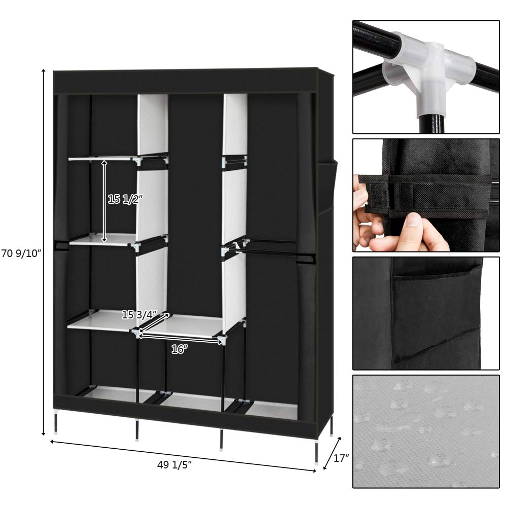 Knocbel 71" Tall Freestanding Closet Organzier Clothes Garment Rack with Storage Shelves & 3 Hanging Rods (Black)