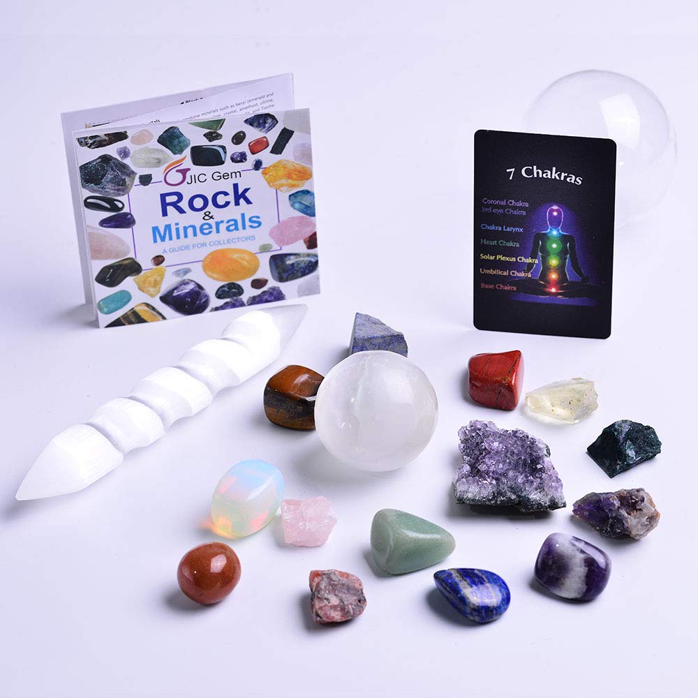 JIC Gem Healing Crystals Kit (16 pcs Set), 6 Raw Chakra Stones, 7 Tumbled Gemstones, Amethyst, Selenite Spiral Wand Double Points, Selenite Sphere Ball