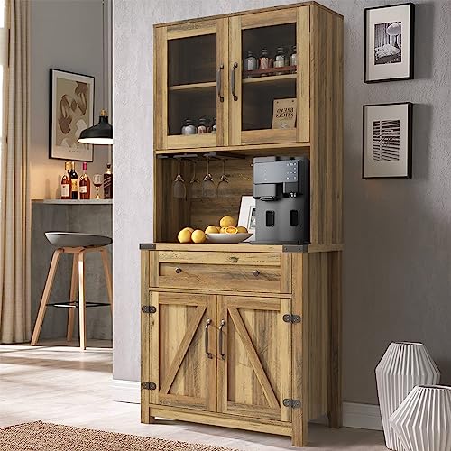 WESOME Farmhouse Bar Cabinet for Liquor and Glasses with Barn Door and Drawer, Liquor Cabinet Bar for Home/Kitchen/Dining Room, Yellow Walnut