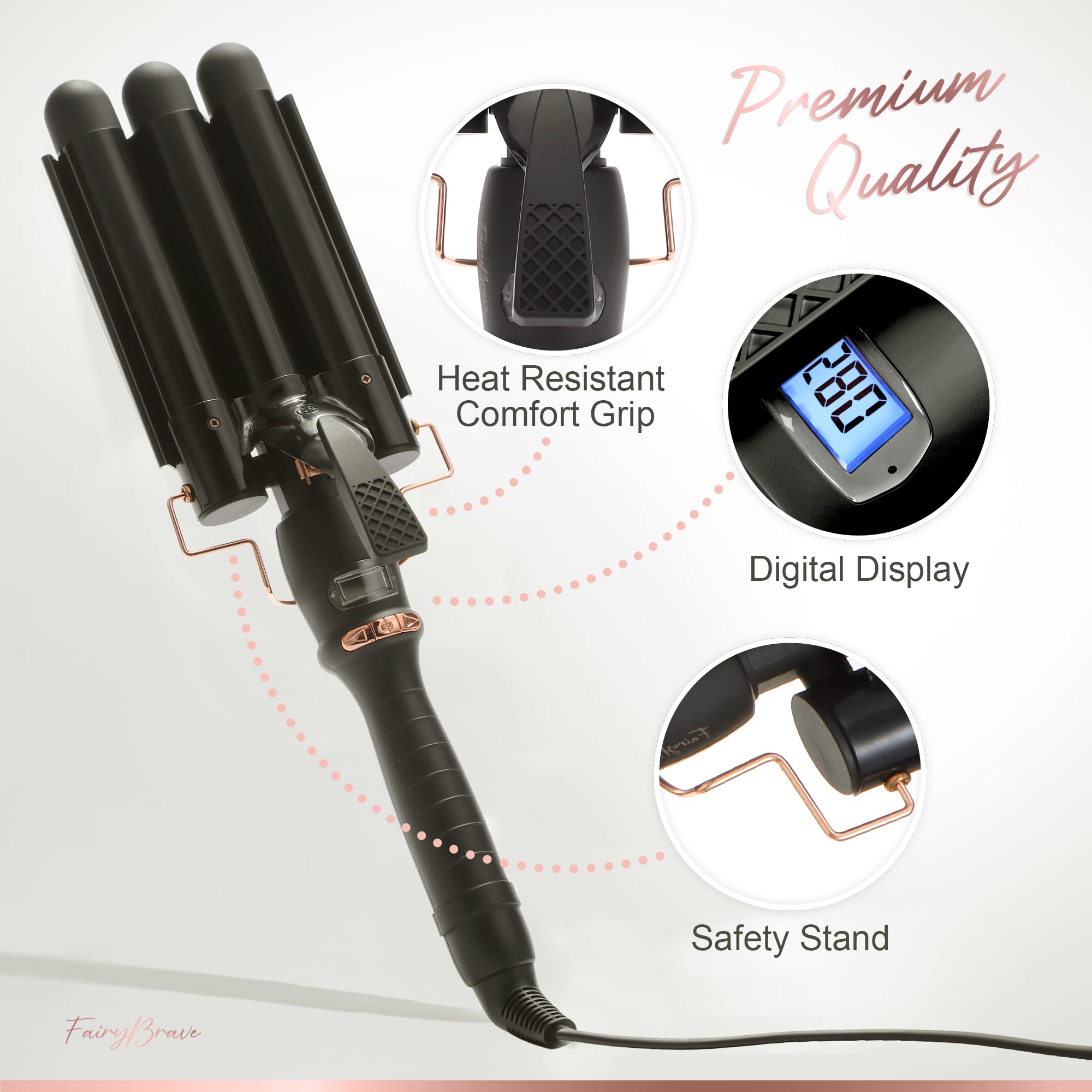 Large 3 Barrel Curling Iron, Triple Hair Waver & Crimper Wand for Beach Waves, Ceramic Tourmaline with Adjustable Temperature - Glam Waver, Black