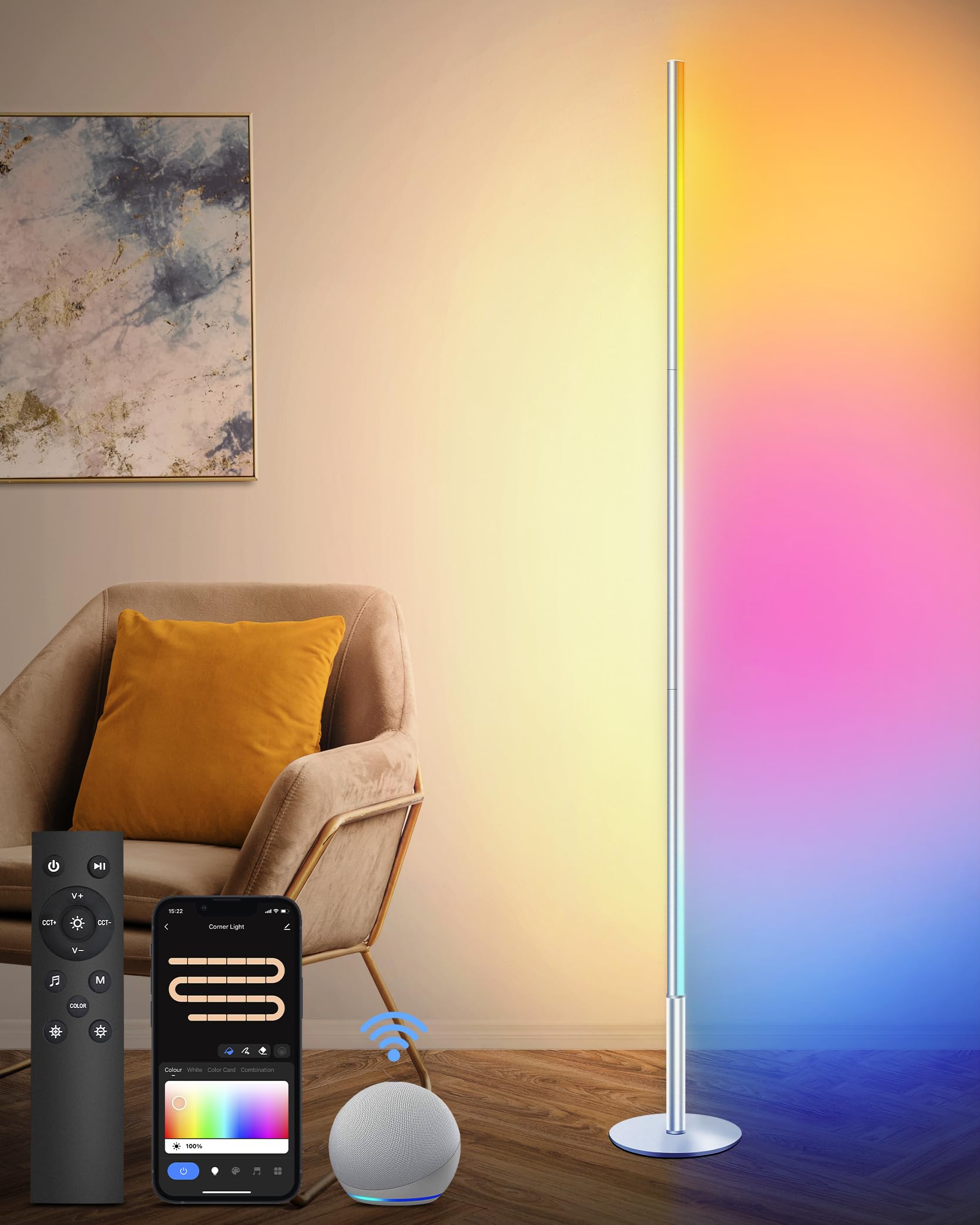 Marlrin RGBWW Corner Lamp, Smart LED Lights with WiFi APP Control, Compatible with Alexa, Google Home, Ambiance Color Changing Standing Lamp with Remote, Modern Floor Lamps for Living Room Bedroom