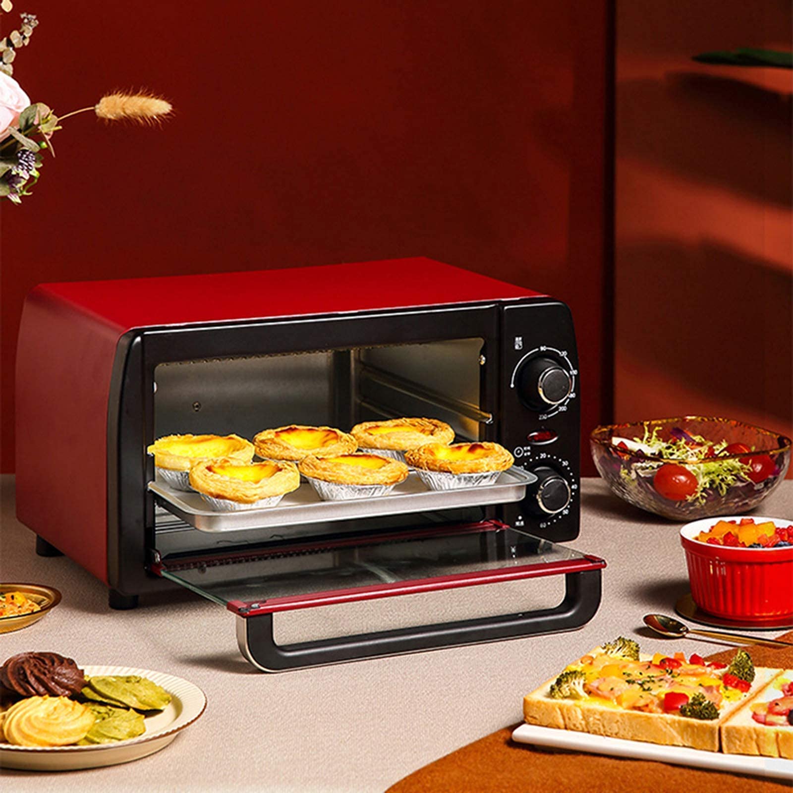 Household Intelligent 12L Electric Oven,Multifunctional Large Capacity Chicken Oven Microwave Oven with Bakeware Pizza Baking Mini Oven Red (Red) (Red)