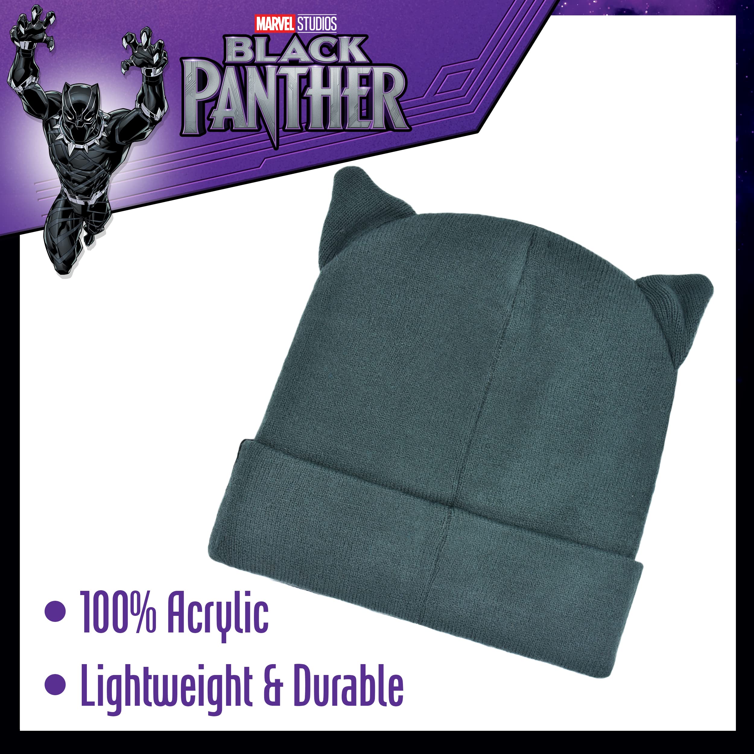 Marvel Black Panther Roll Down Cuff Beanie Hat, Black, One Size