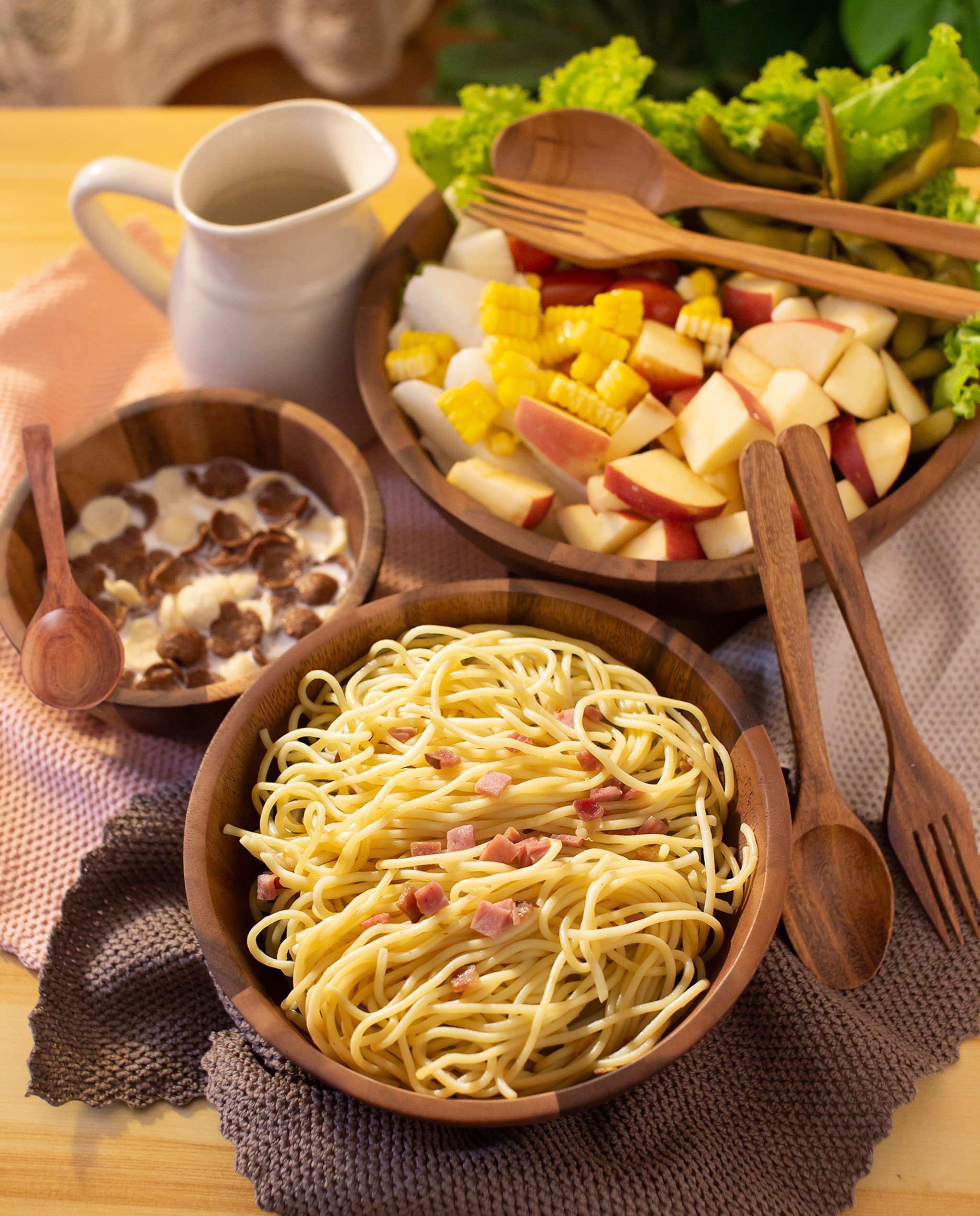 Large Acacia Wood Nesting Round Set 3 Serving Bowls 9½” 8½” 7” with Utensils Wooden Forks and Spoons Mix size Stackable Dish for Fruit Salad Vegetables Pasta Soup Cereals Decorative Wooden Nest Bowl