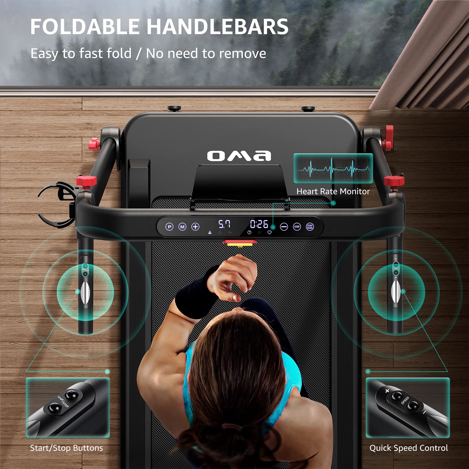 OMA 1017EB Folding Treadmill with 17.7'' Wider Belt,, 2.5HP 300 LB Capacity, Compact, Space Saving for Home with 36 Preset Programs, LED Display, Easy to Fold