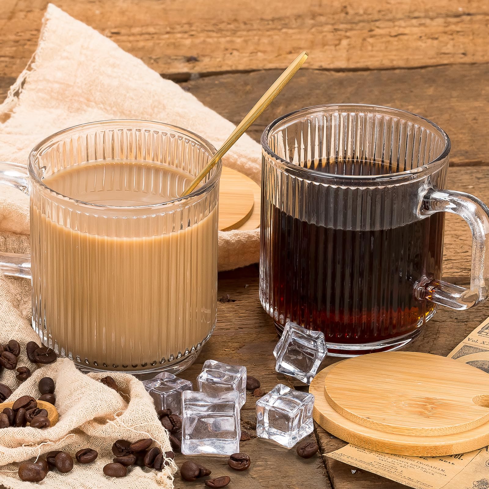 HUAHANGNA Vintage Coffee Glass Mugs for Beverage - Ribbed Short Latte Cups Set of 4, Clear Tea Cup with Bamboo Lid and Spoon, Dessert, Pudding, Ice Cream, Yogurt, Cappuccino, Espresso cup
