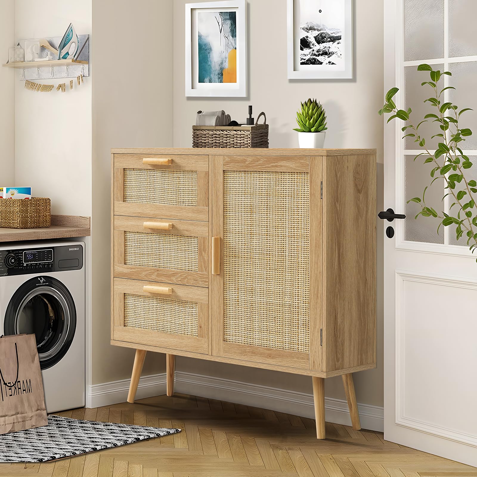 Iwell Storage Cabinet with Rattan Door & 3 Drawers, Rattan Cabinet with Adjustable Shelf, Accent Cabinet for Living Room, Entryway, Natural