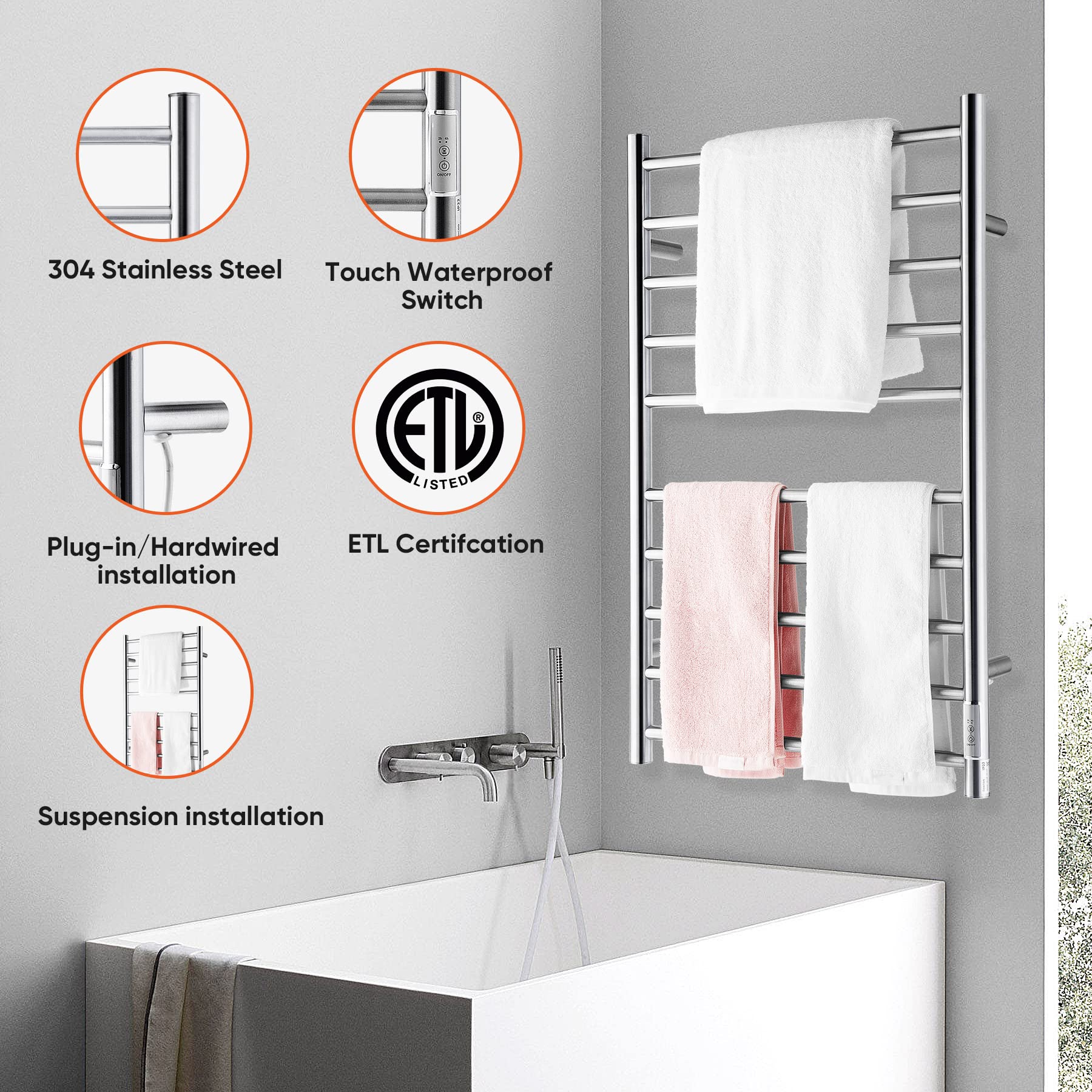 REECOO Towel Warmer Wall-Mounted Electric Towel Racks for Bathroom with Timer, Plug-in and Hardwired Options 24H Thermostatic Stainless Steel Drying Heated Towel Rack Suitable for Homes, Hotels