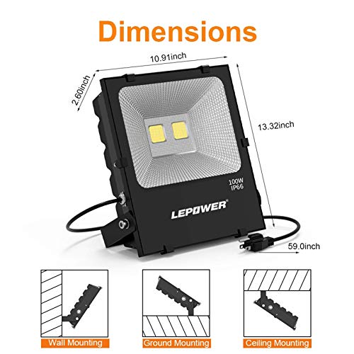 LEPOWER LED Flood Light Outdoor, Super Bright Work Light Plug in, Halogen Bulb Equivalent, 6000K, IP66 Waterproof, Outdoor LED Lights Fixture for Backyard, Garden, Garage, Playground