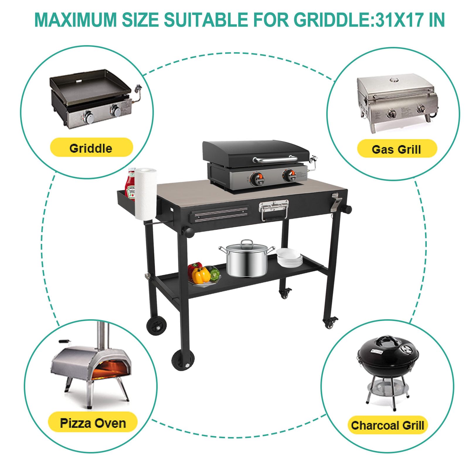 Karpevta Portable Grill Table for Blackstone Griddle,Foldable Outdoor Grill Cart with 4 Wheels for Blackstone 17" or 22", Grill Table Stand, Double-Shelf with Spice Tray for Patio, Backyard