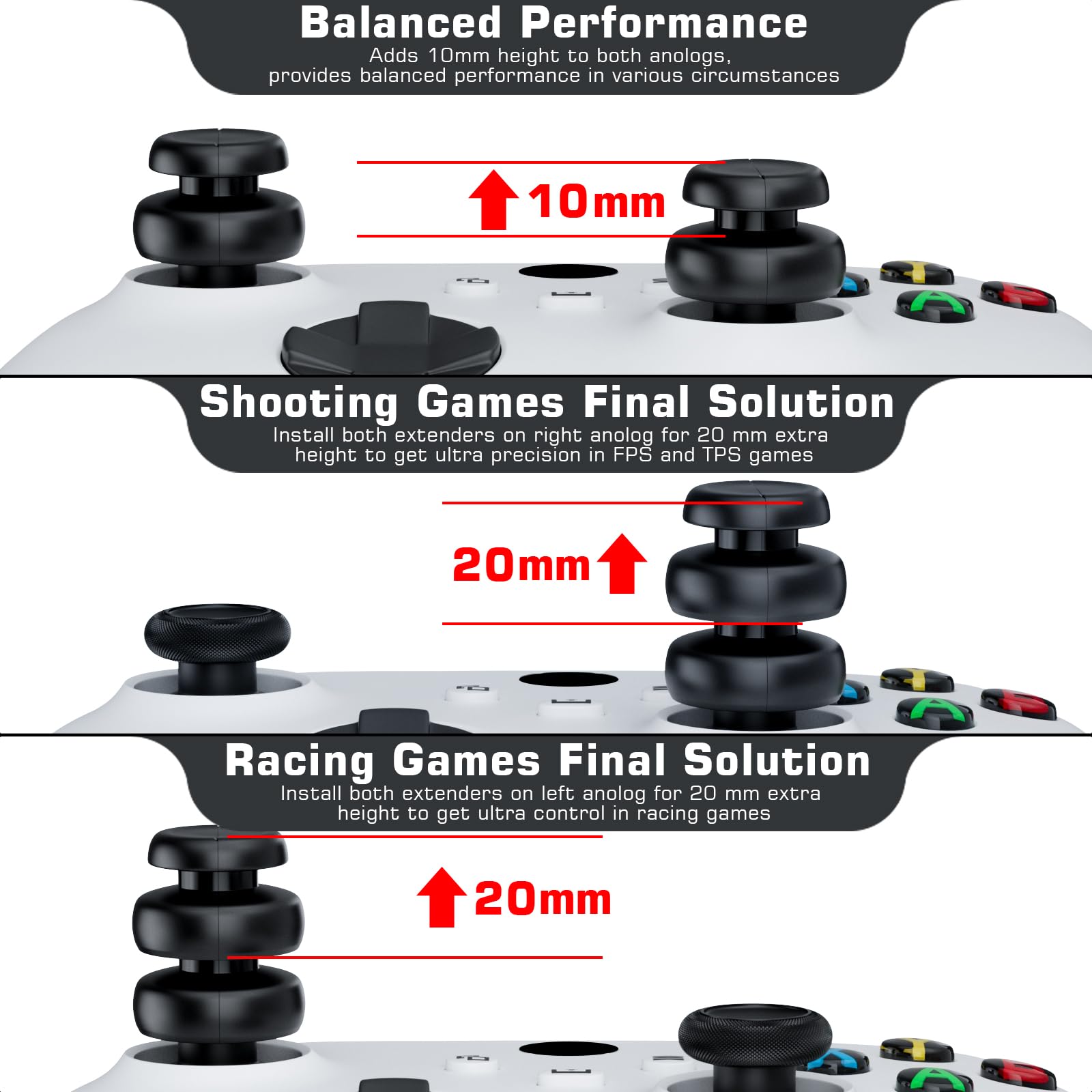 PlayRealm NO FALLING OFF Thumbstick Extender & Silicone Grip Cover 2 Sets for Xbox Series X/S & Xbox One S/X Controller(Turbo Black)