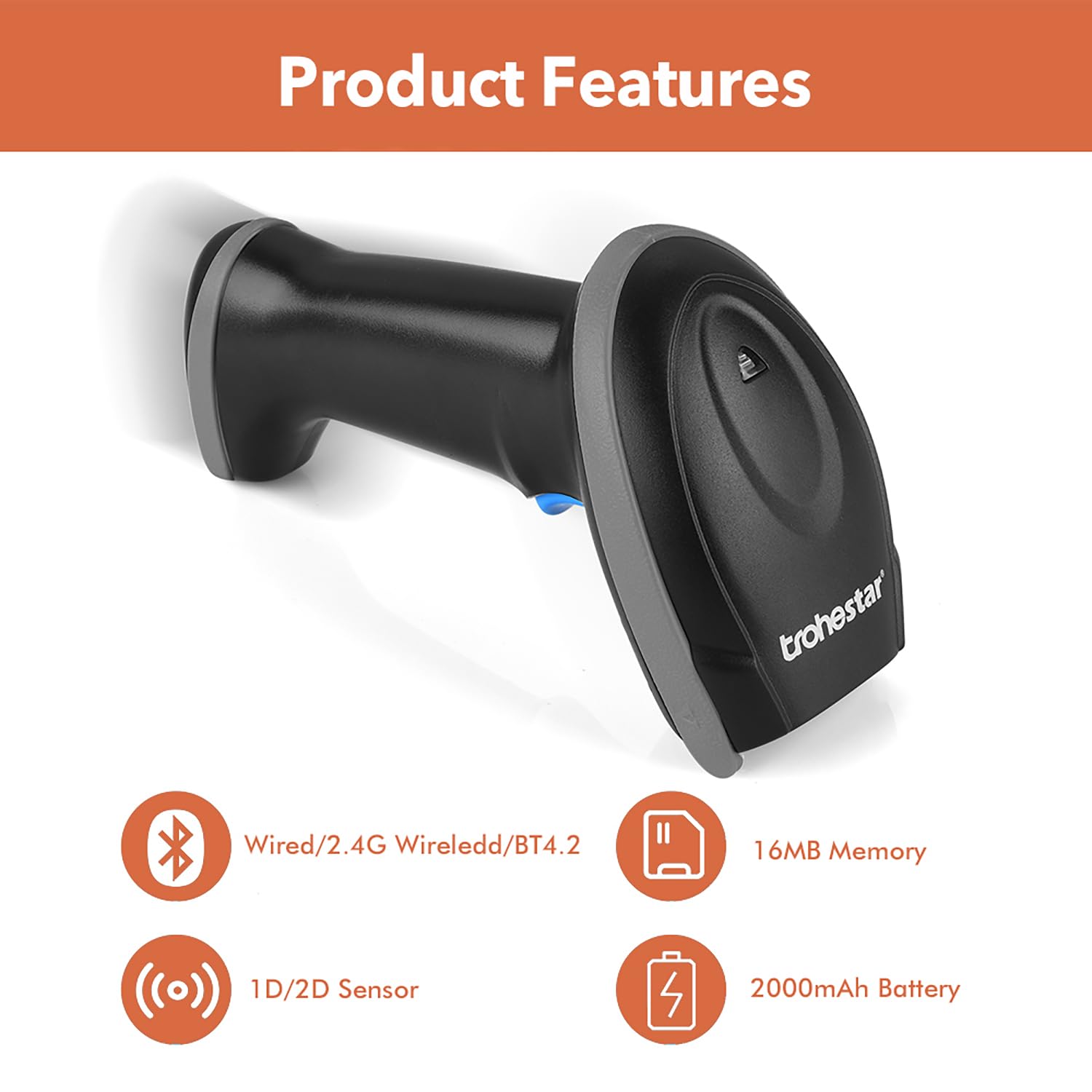 Trohestar Wireless 1D 2D QR Barcode Scanner, Compatible with Bluetooth Function & 2.4GHz Wireless & Wired Connection Bar Code Reader Scanner with Charging Cradle for Supermarket Retail Warehouse