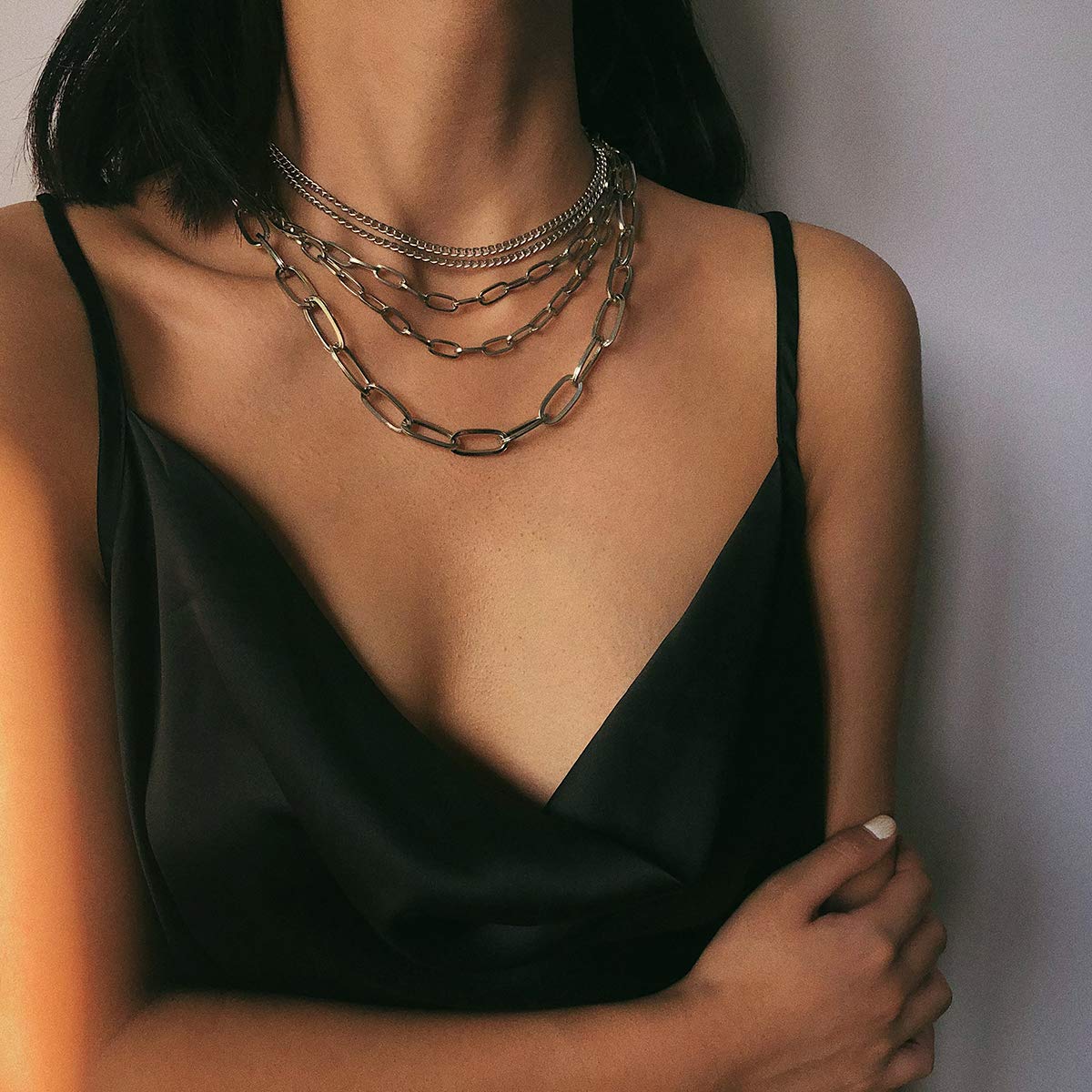 Layered Necklaces for women 18 Inch Paperclip Chain Silver Tone Choker Necklace Chains Punk Jewelry (Silver 5-layer Chains)