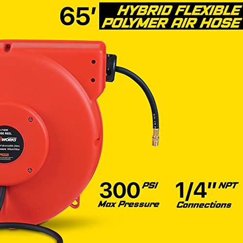 ReelWorksAir Hose Reel Retractable 1/4" Inch x 65β Foot Hybrid Polymer Hose, Max 300 Psi Compressor Water Plastic Spring Driven Swivel Bracket Polypropylene Case Construction Industrial