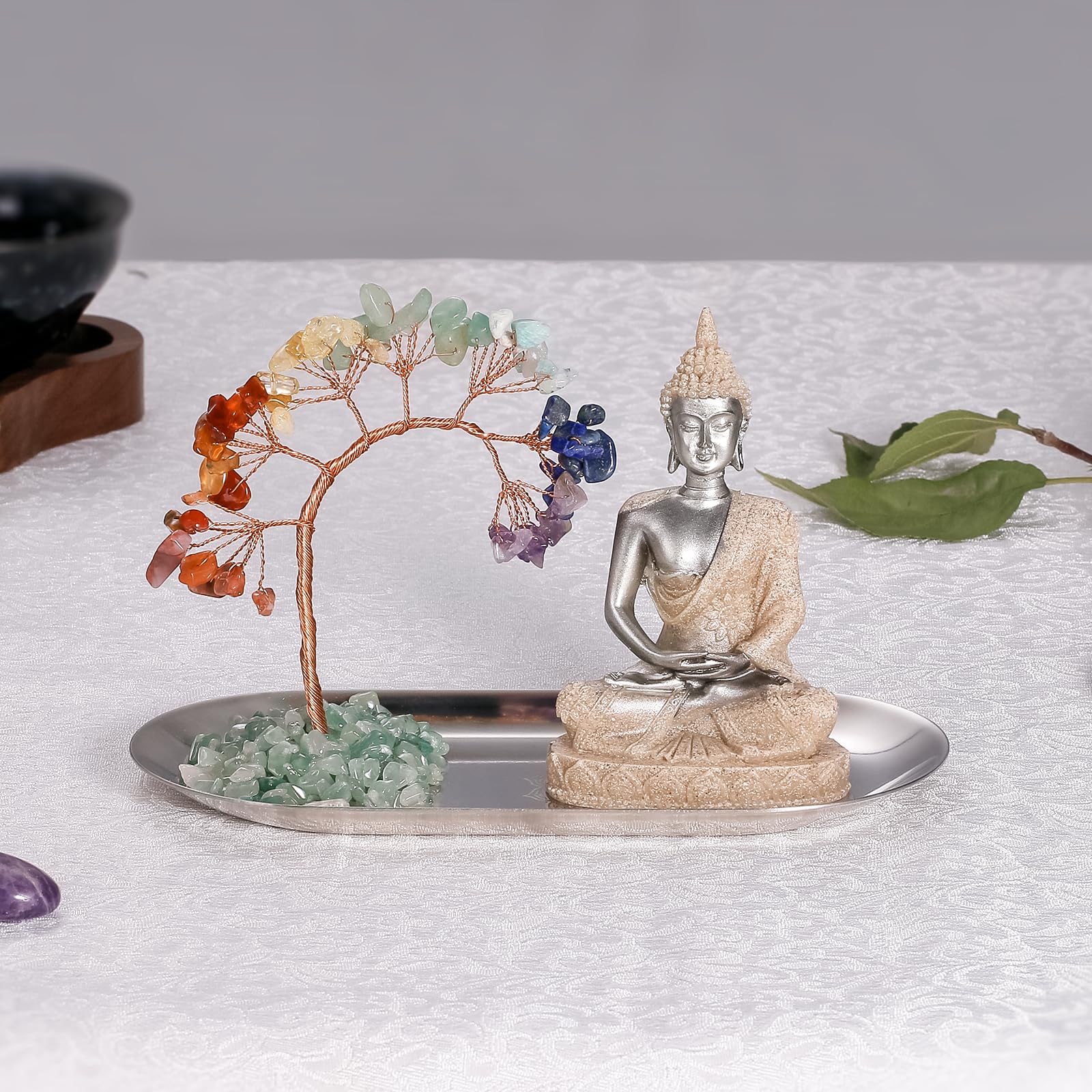 INNOLITES 7 Chakra Crystal Tree and Buddha Statue set, Yoga Meditation Decor, Money Tree and Buda Statues for Home Living Room Office Shelf Decoration Wealth and Luck(Silver)