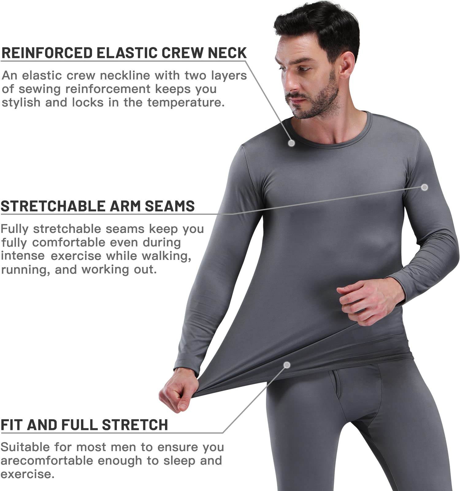 MRIGNT Thermal Underwear for Men Long Johns Set Base Layer Fleece Lined Top Bottom Concrete Grey