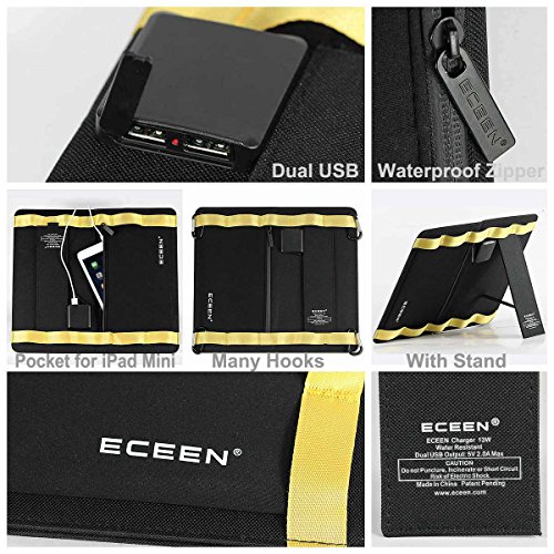 Solar Phone Charger for iPhone, ECEEN 13W Portable Solar Charger with Kickstand for iPhones, Smartphones, Tablets, GPS Units, Speakers, Gopro Cameras, and Other Devices Camping Gadgets Emergency Kit