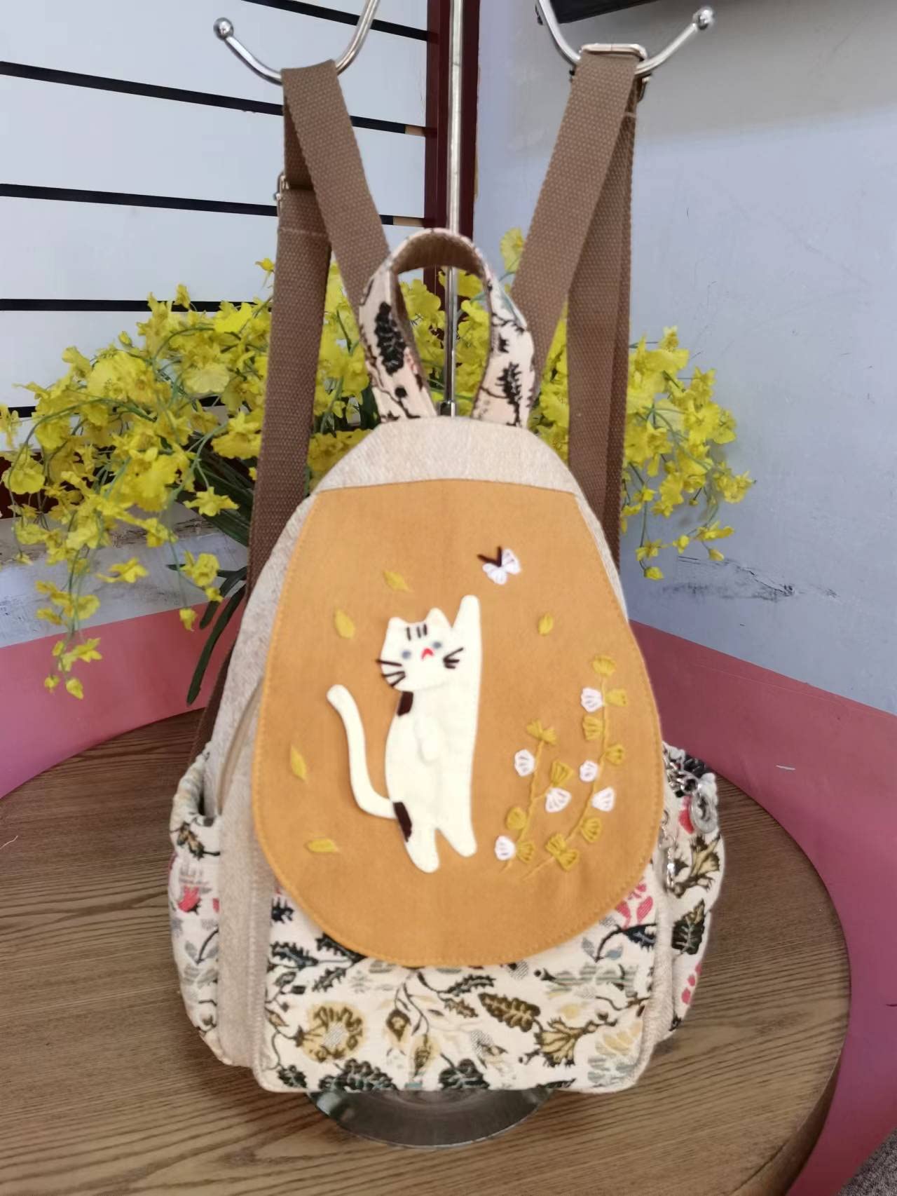HUANGGUOSHU Backpack Purse for Women - Boho Style Small Convertible Sling Bag with Woven and Mushroom Design - Perfect Mini Backpack for Fashionable Hippie Ladies Cat