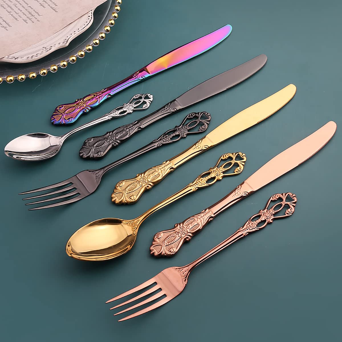 IKXO 35 Piece Silverware Set ,Stainless Steel Silverware Set, Modern Sleek Flatware Set, Include Knife Fork Spoon Long Teaspoon Salad Fork Mirror-Polished Dishwasher Safe Cutlery