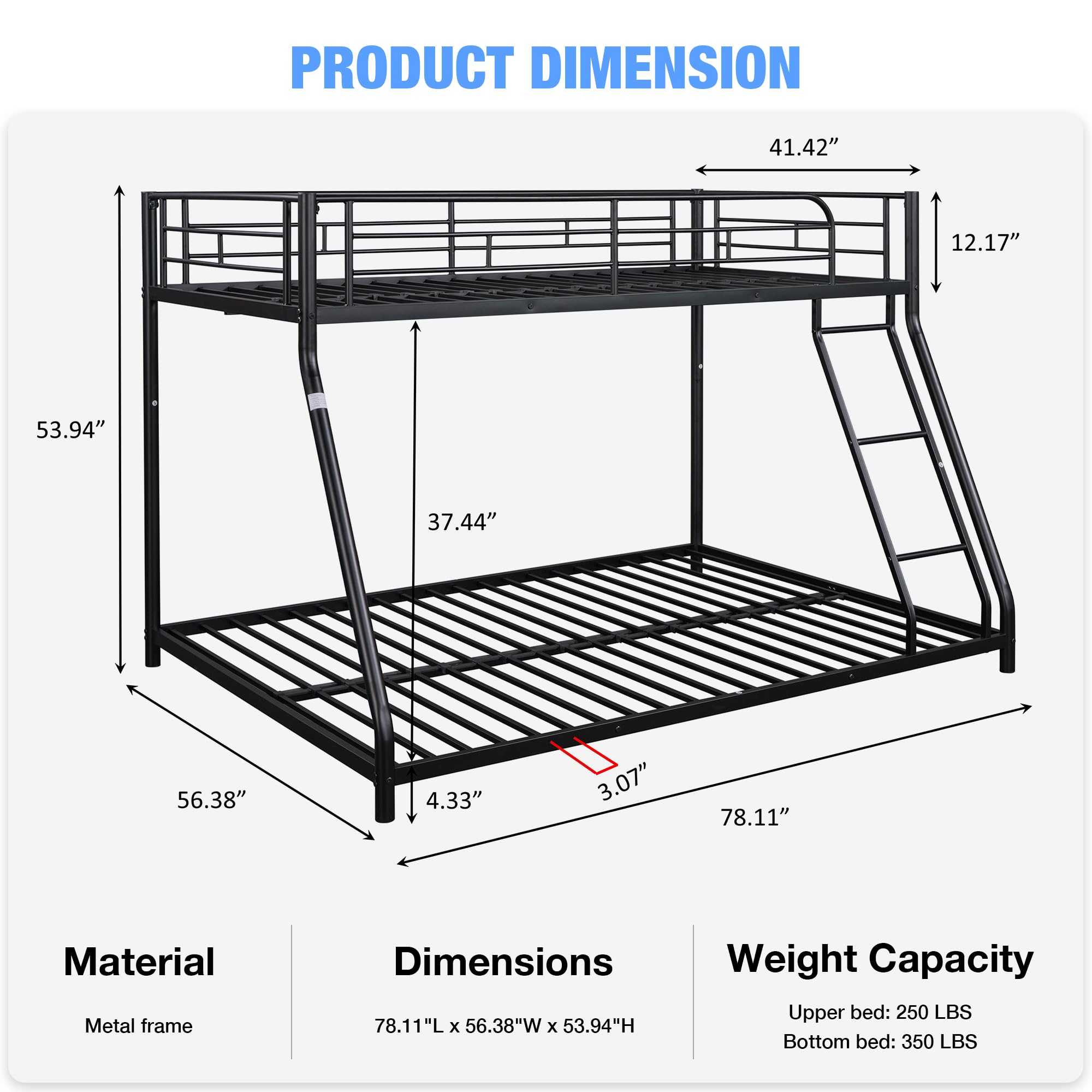 HUAYICUN Bunk Bed Twin Over Full Size with Ladder, Twin over Full Bunk Bed and Full-Length Guardrail, No Box Spring Needed, Noise Free