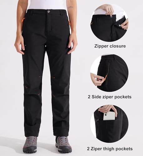 Libin Women's Hiking Pants Fleece Lined Snow Ski Pants Water Resistant Windproof Insulated Cargo Softshell Winter Warm, Black XL